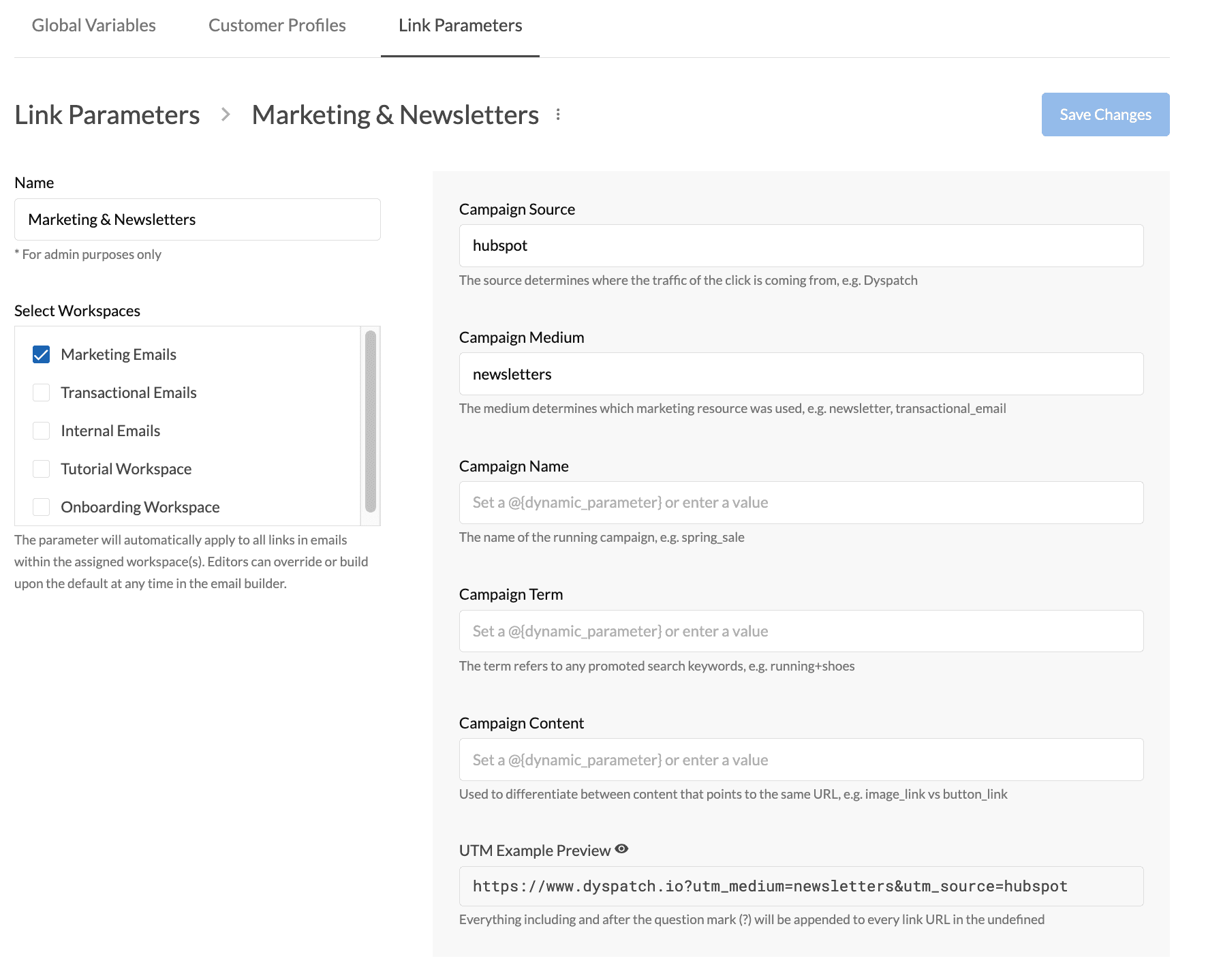 Using Link Parameters to insert UTM codes | Dyspatch Support