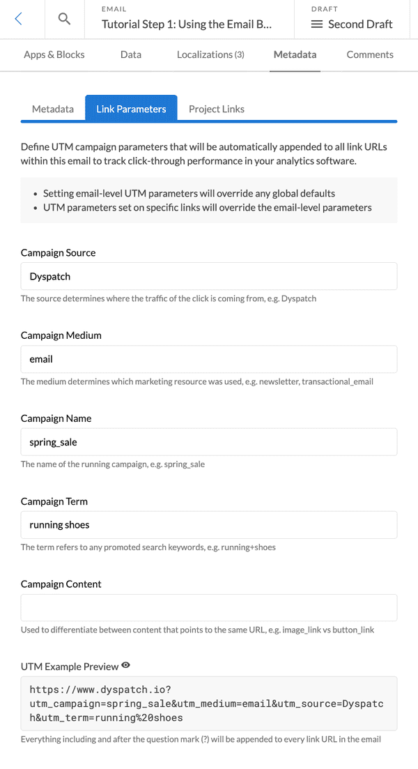 Using Link Parameters to insert UTM codes | Dyspatch Support