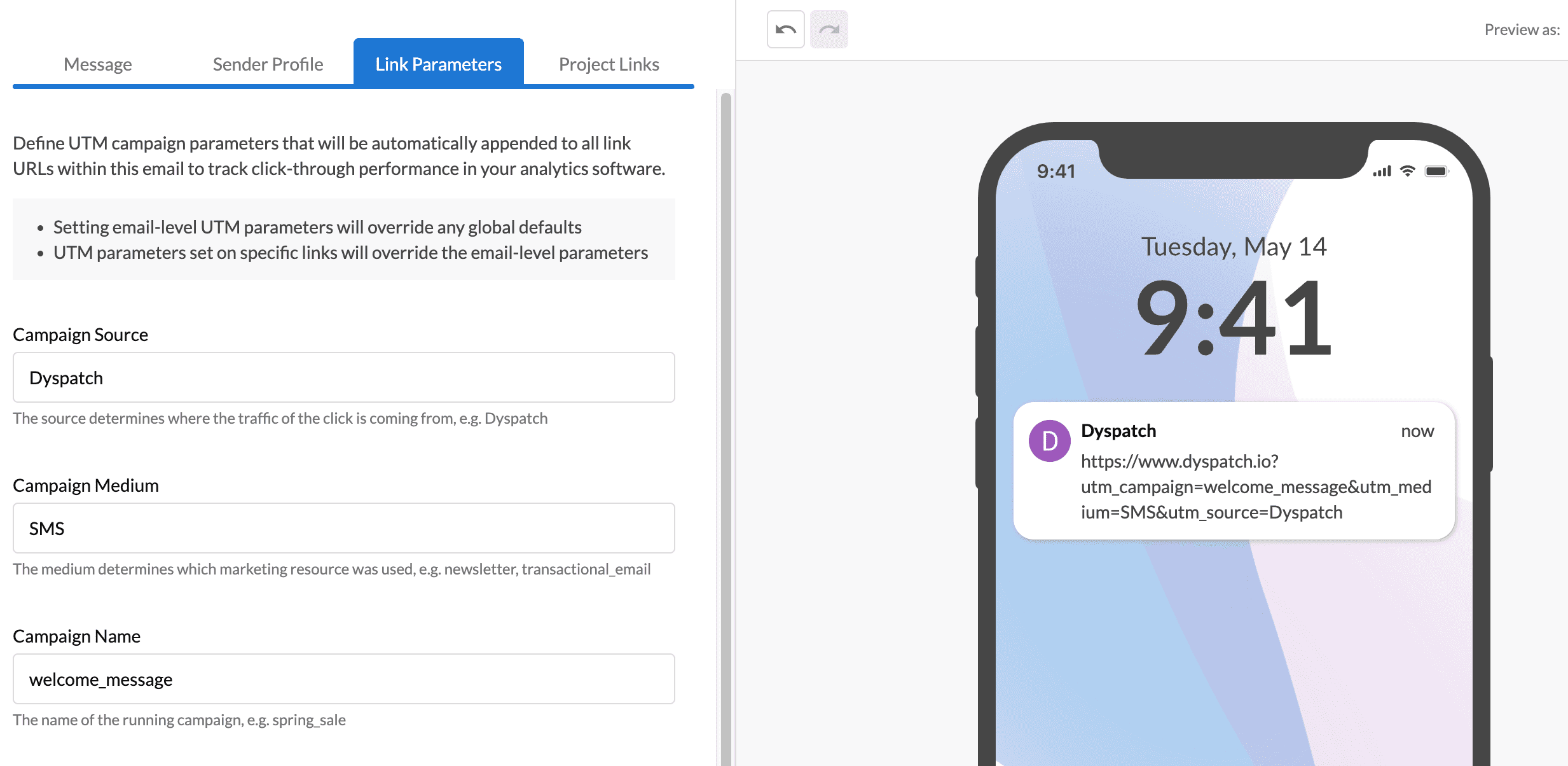 SMS Link Parameters | Dyspatch Support